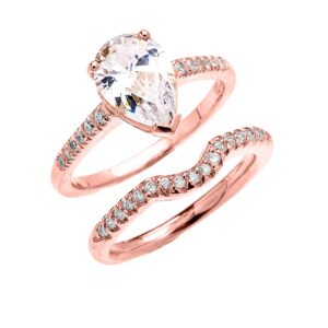 10k rose gold pear shaped cubic zirconia engagement ring and matching contour wedding band bridal set - size 7