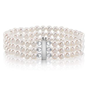 The Pearl Source 14K Gold 7-7.5mm AAA Quality White Triple Japanese Akoya Saltwater Cultured Pearl Bracelet for Women