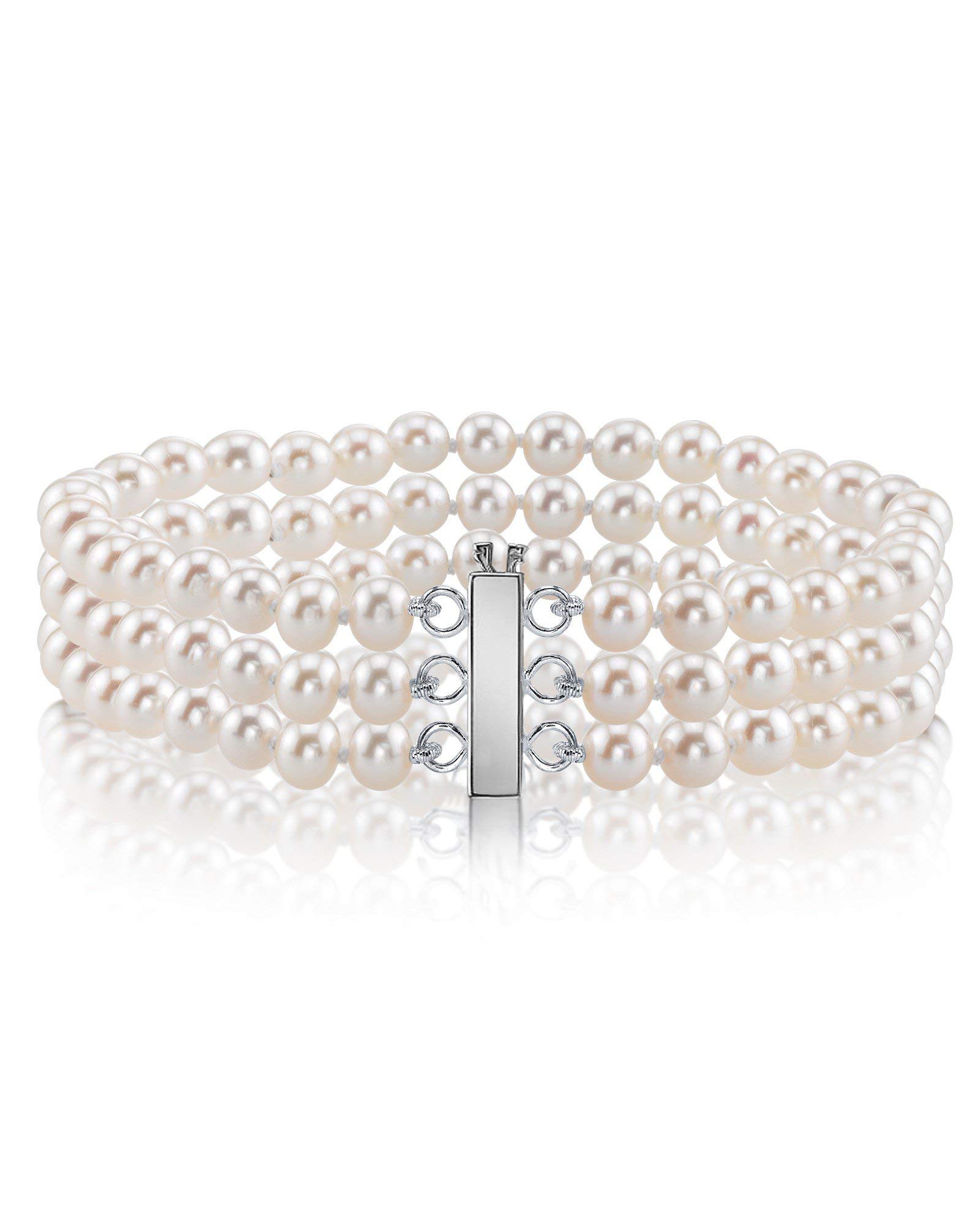 The Pearl Source 14K Gold 7-7.5mm AAA Quality White Triple Japanese Akoya Saltwater Cultured Pearl Bracelet for Women