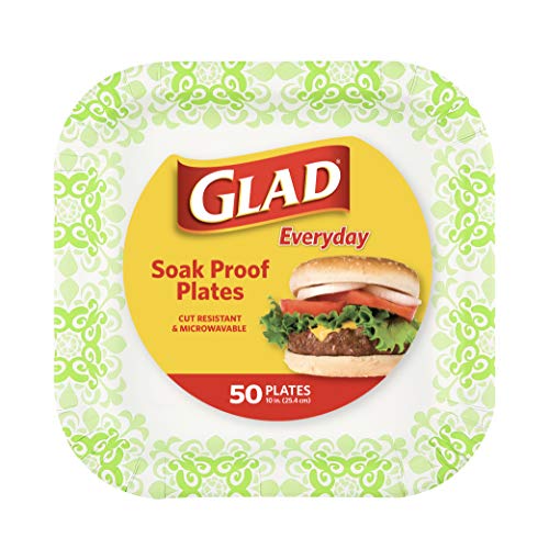 Glad Tabletop Square Disposable Paper Plates for All Occasions | Soak Proof, Cut Proof, Microwaveable Heavy Duty Disposable Plates | 50 Count (Pack of 1),Green