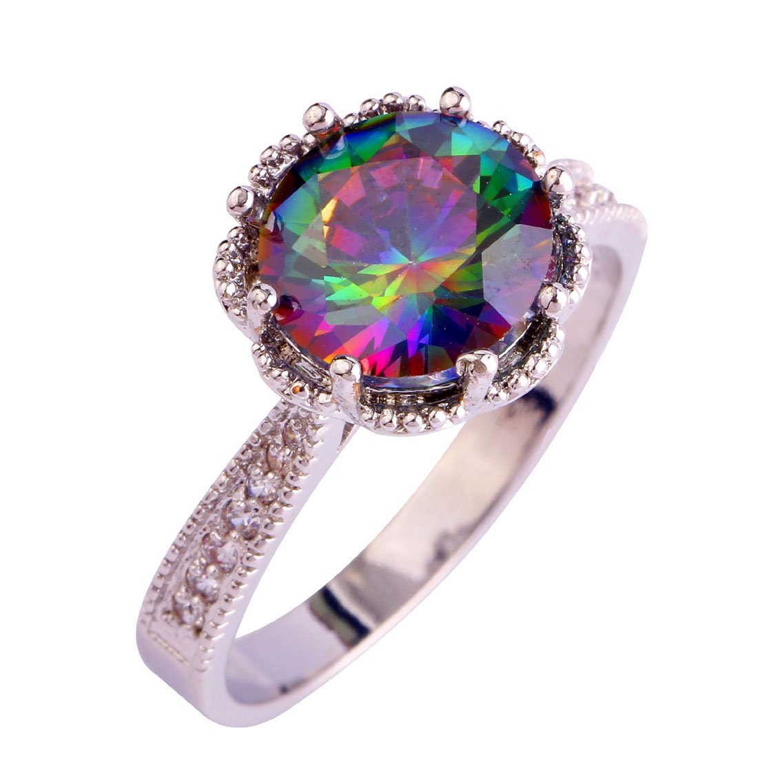 Psiroy Women's 925 Sterling Silver Created Rainbow Topaz Filled Soliatre Engagement Ring Size 7