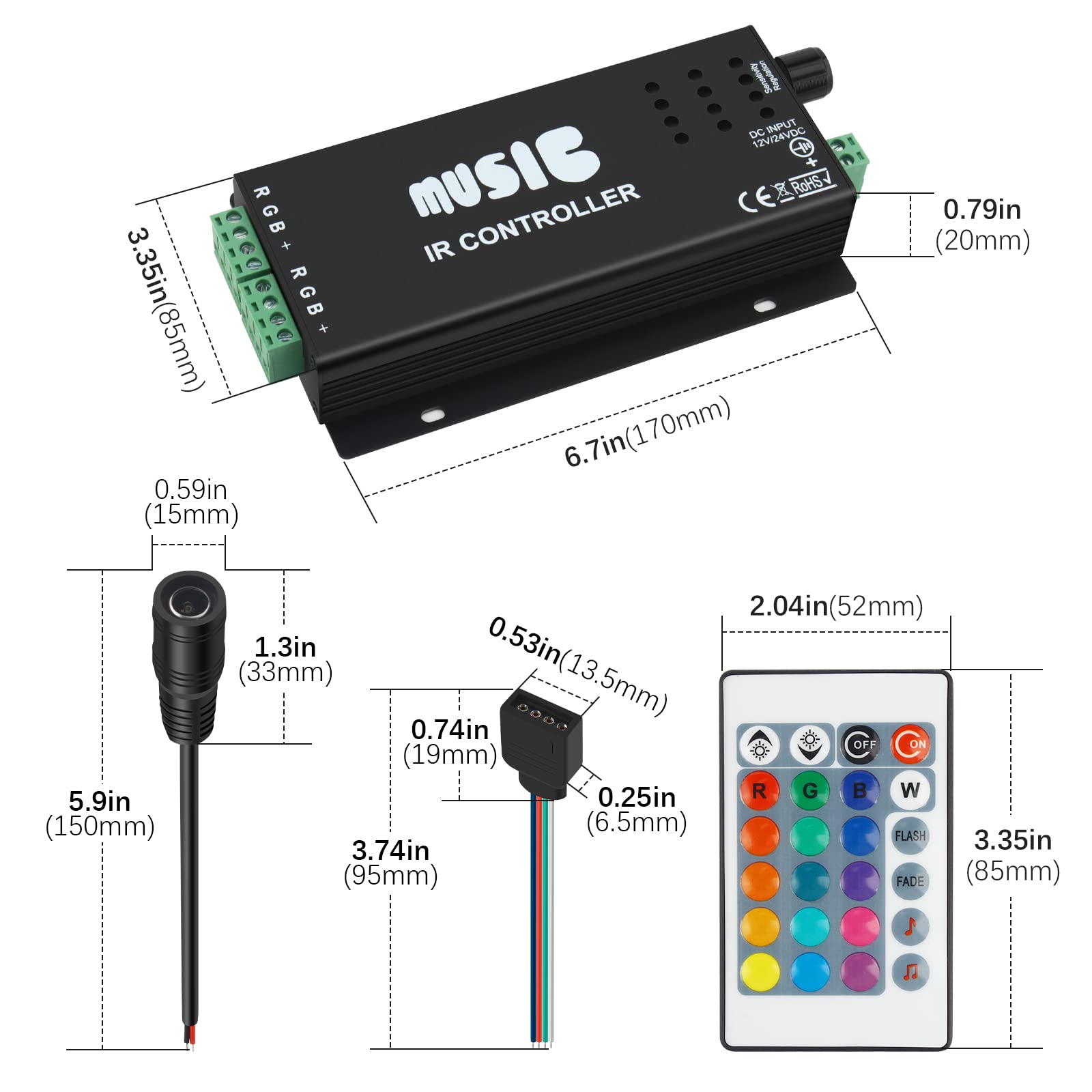 RGBZONE DC12-24V 24 Keys Iron Shell Wireless IR Remote Control Music Sound Controller for 5050 3528 RGB LED Strip Light