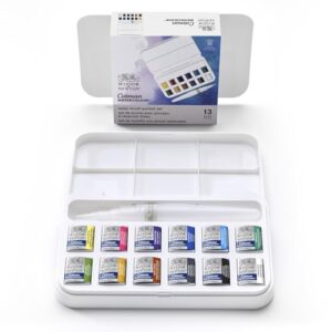 winsor & newton cotman watercolor paint set, 12 half pan w/ water brush pen and mixing palette