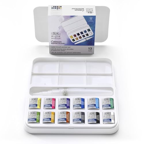 Winsor & Newton Cotman Watercolor Paint Set, 12 Half Pan w/ Water Brush Pen and Mixing Palette