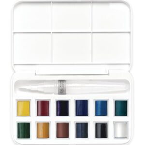 Winsor & Newton Cotman Watercolor Paint Set, 12 Half Pan w/ Water Brush Pen and Mixing Palette