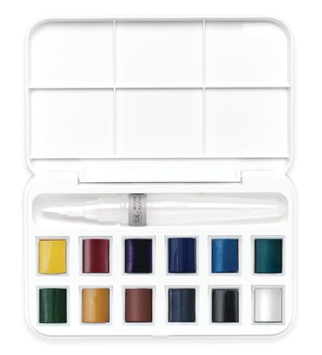 Winsor & Newton Cotman Watercolor Paint Set, 12 Half Pan w/ Water Brush Pen and Mixing Palette