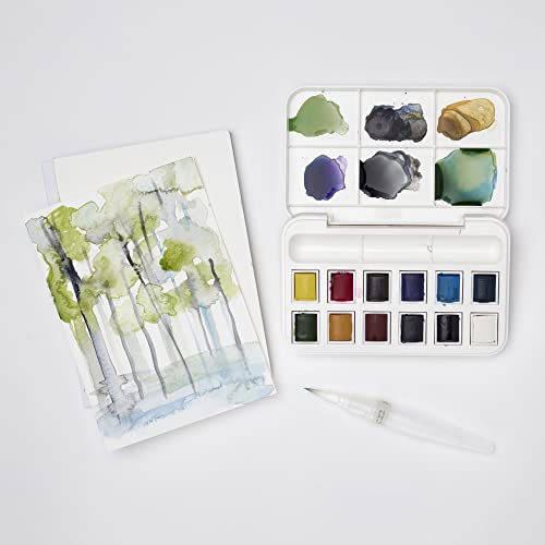 Winsor & Newton Cotman Watercolor Paint Set, 12 Half Pan w/ Water Brush Pen and Mixing Palette