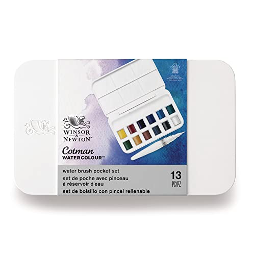 Winsor & Newton Cotman Watercolor Paint Set, 12 Half Pan w/ Water Brush Pen and Mixing Palette