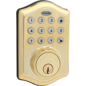 honeywell safes & door locks - keyless entry door lock with smart electronic keypad deadbolt - easy installation & 50 different user pin codes - auto lock - polished brass - 2.9 x 2 x 6.2 in - 8712009