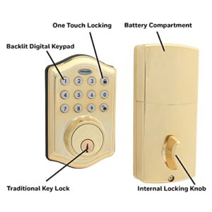 Honeywell Safes & Door Locks - Keyless Entry Door Lock with Smart Electronic Keypad Deadbolt - Easy Installation & 50 Different User Pin Codes - Auto Lock - Polished Brass - 2.9 x 2 x 6.2 in - 8712009