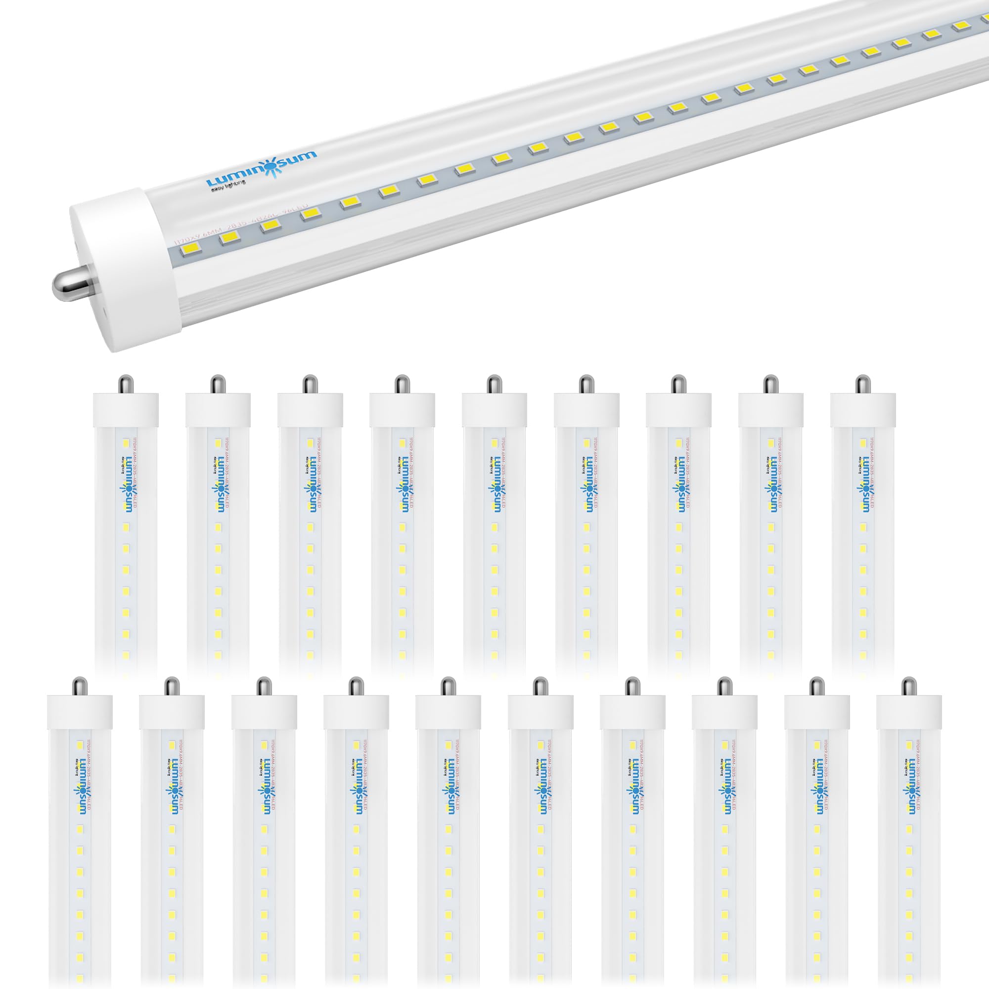 LUMINOSUM, T8 LED Tube Light 8 Feet 40W, Single Pin FA8 Base, Clear Cover, Cool White 6000k, Fluorescent Tube Replacement, ETL Certified, 20-Pack