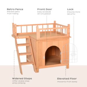 PawHut 2-Level Elevated Waterproof Outdoor Wooden Treehouse Cat Shelter With Balcoy