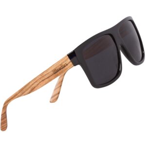 woodies black oversized flat top square zebra wood sunglasses with dark polarized lens for men and women | 100% uva/uvb protection