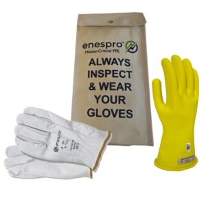 Enespro Class 00 Yellow Rubber Voltage Insulating Glove Kit with Leather Protectors, Max. Use Voltage 500V AC/ 750V DC, (KITGC00Y10)