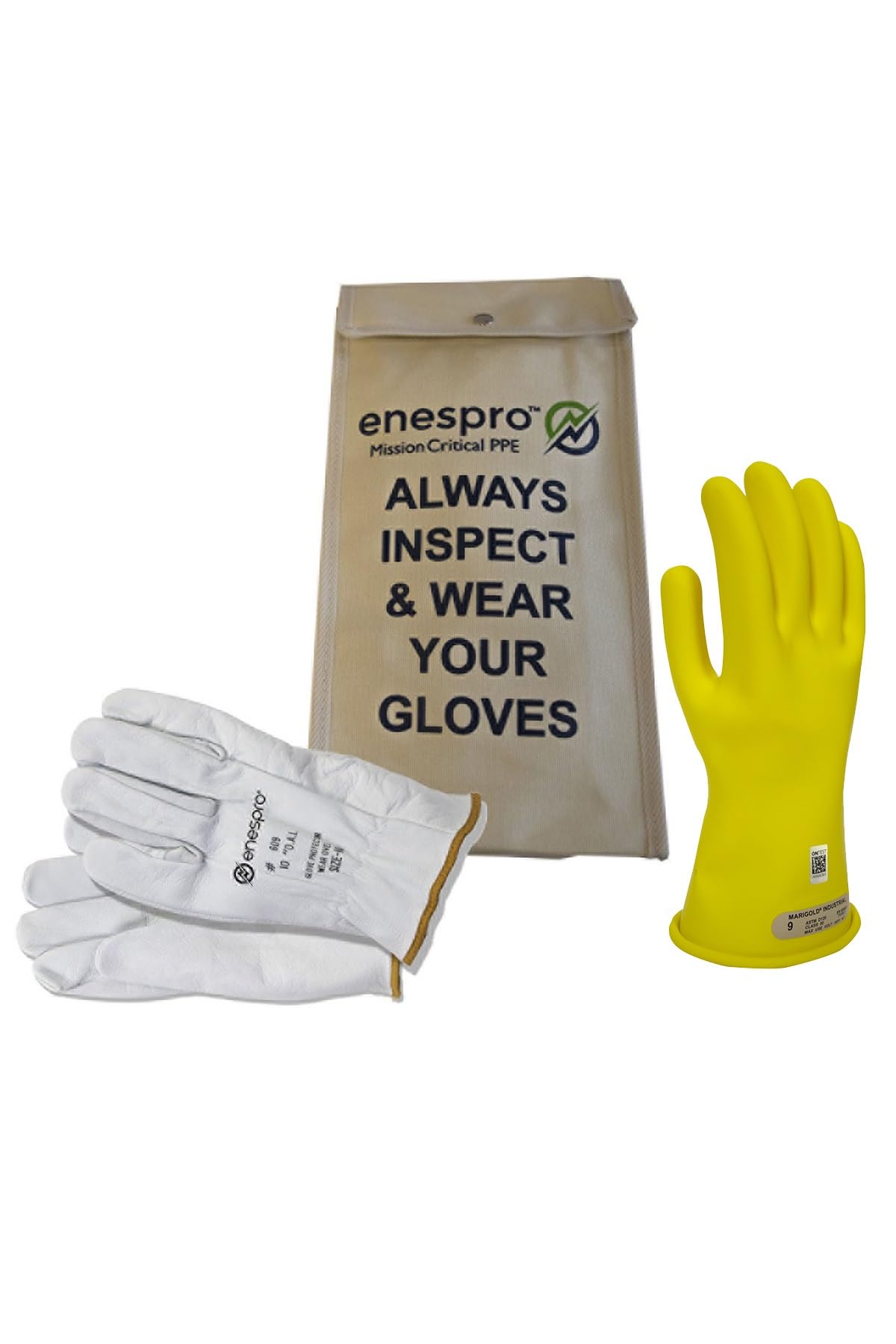 Enespro Class 00 Yellow Rubber Voltage Insulating Glove Kit with Leather Protectors, Max. Use Voltage 500V AC/ 750V DC, (KITGC00Y10)