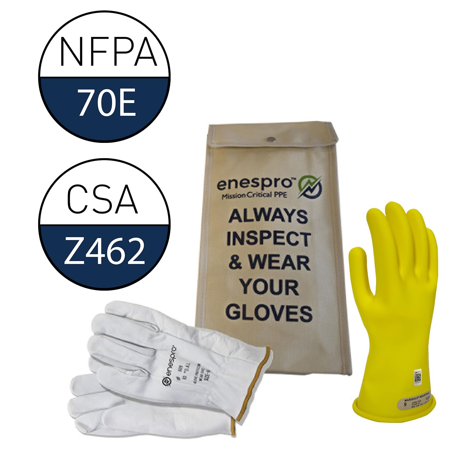 Enespro Class 00 Yellow Rubber Voltage Insulating Glove Kit with Leather Protectors, Max. Use Voltage 500V AC/ 750V DC, (KITGC00Y10)