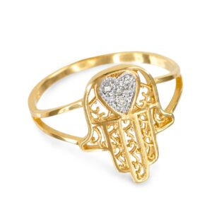 jewish jewelry by lablingz 10k yellow gold diamond pave heart filigree hamsa ladies ring (size 10)