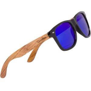 woodies zebra wood sunglasses with blue mirrored polarized lens and real wooden frame for men and women | 100% uva/uvb protection