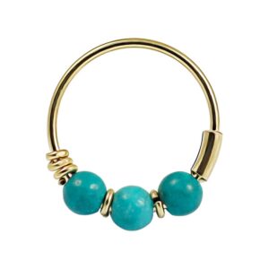 piercingpoint 9kt solid yellow gold triple turquoise beads 22 gauge (0.6mm) - 5/16 (8mm) length hoop nose ring