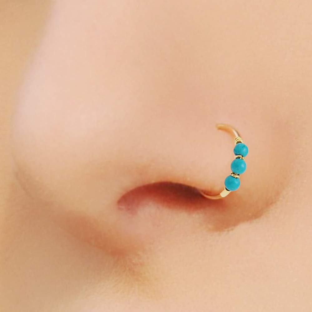 PiercingPoint 9KT Solid Yellow Gold Triple Turquoise Beads 22 Gauge (0.6MM) - 5/16 (8MM) Length Hoop Nose Ring