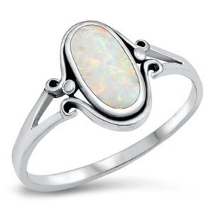 oval white simulated opal long wide ring new .925 sterling silver band size 9