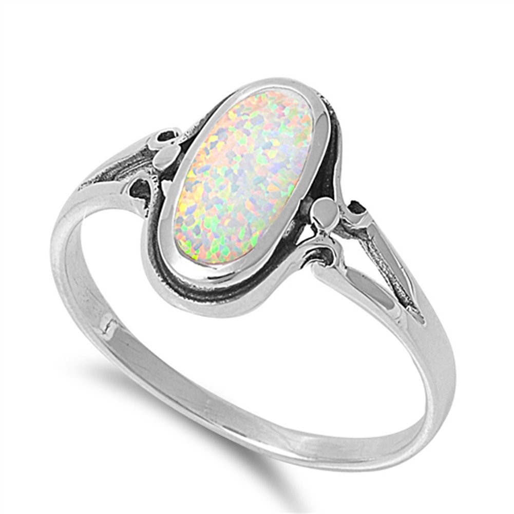 Oval White Simulated Opal Long Wide Ring New .925 Sterling Silver Band Size 9