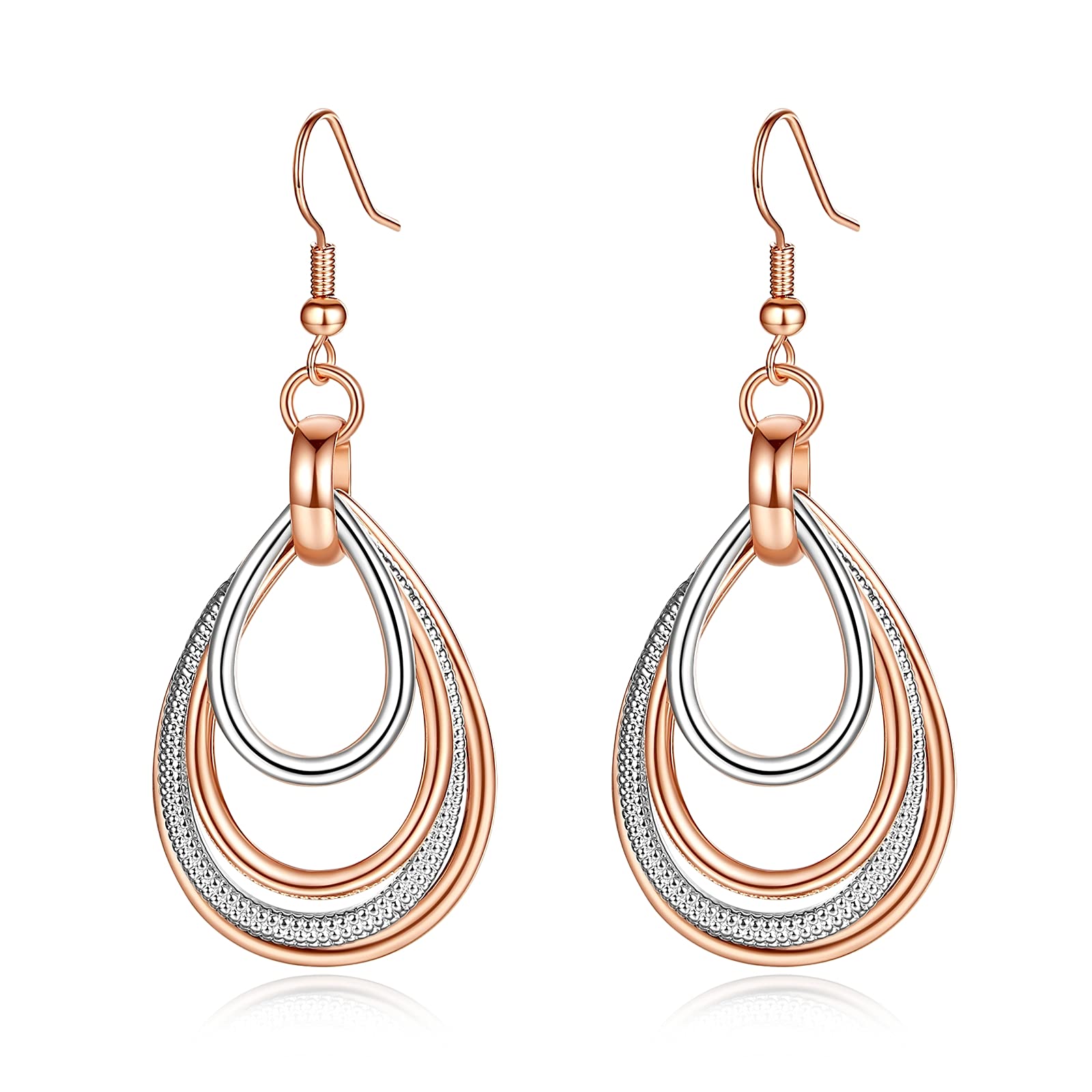 Kemstone Two Tone Rose Gold and Silver Multilayer Dangling Earring for Woman, 2.4 Inches