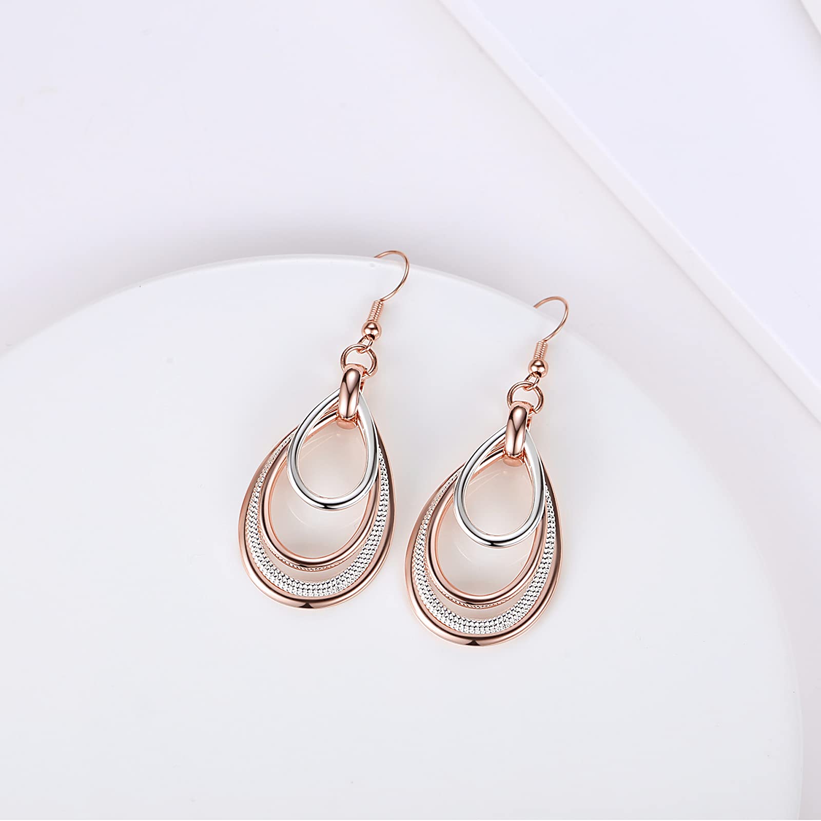 Kemstone Two Tone Rose Gold and Silver Multilayer Dangling Earring for Woman, 2.4 Inches