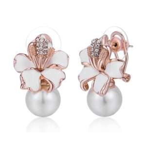 kemstone pearl and flower stud earrings rose gold pearl earrings for women