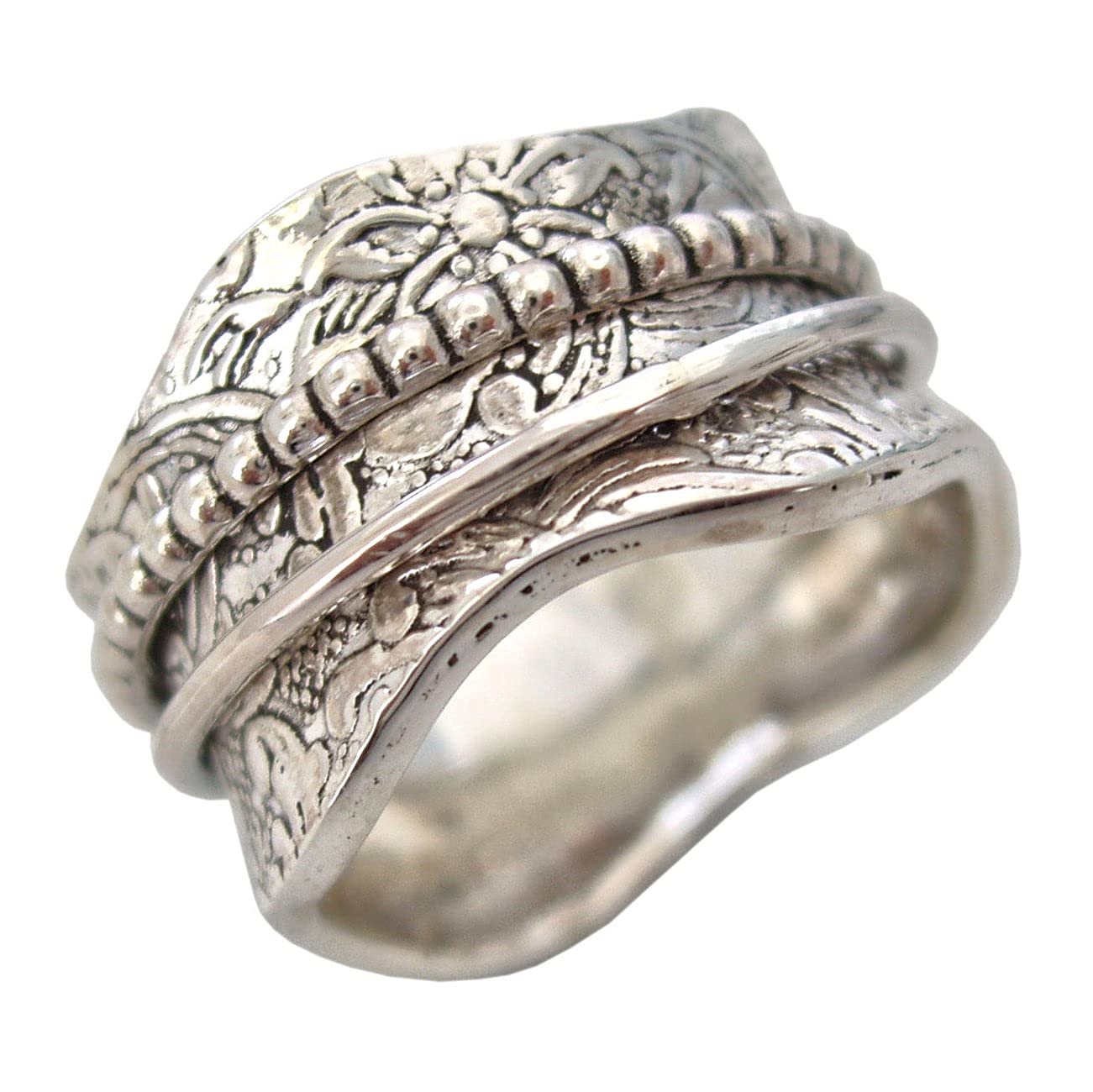 ENERGY STONE 925 Sterling Silver Artisan Etched Floral Meditation Spinner Ring (Style US17) (8)