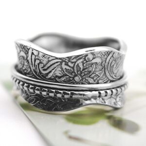 ENERGY STONE 925 Sterling Silver Artisan Etched Floral Meditation Spinner Ring (Style US17) (8)