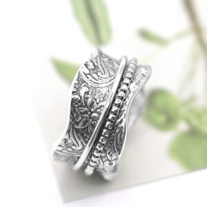 ENERGY STONE 925 Sterling Silver Artisan Etched Floral Meditation Spinner Ring (Style US17) (8)