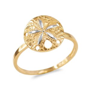 la blingz dainty 10k two-tone gold sand dollar ladies ring (size 11)