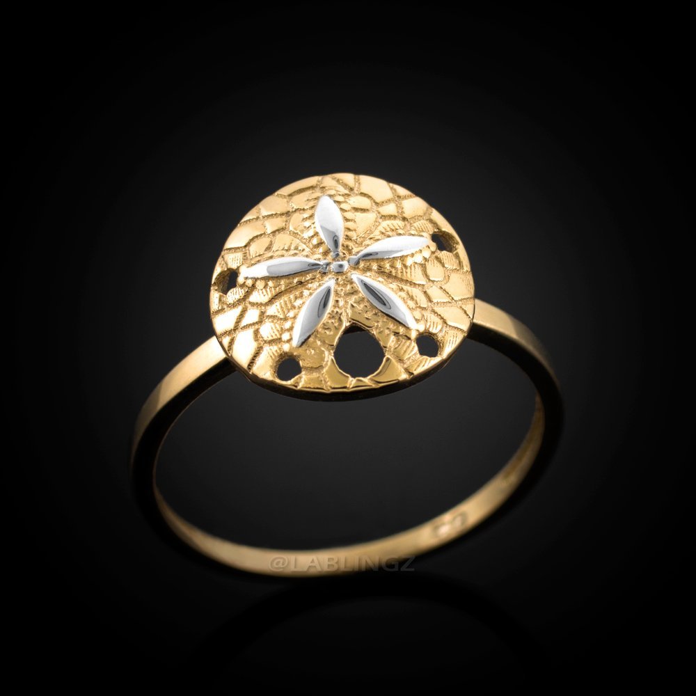 LA BLINGZ Dainty 10k Two-Tone Gold Sand Dollar Ladies Ring (Size 11)