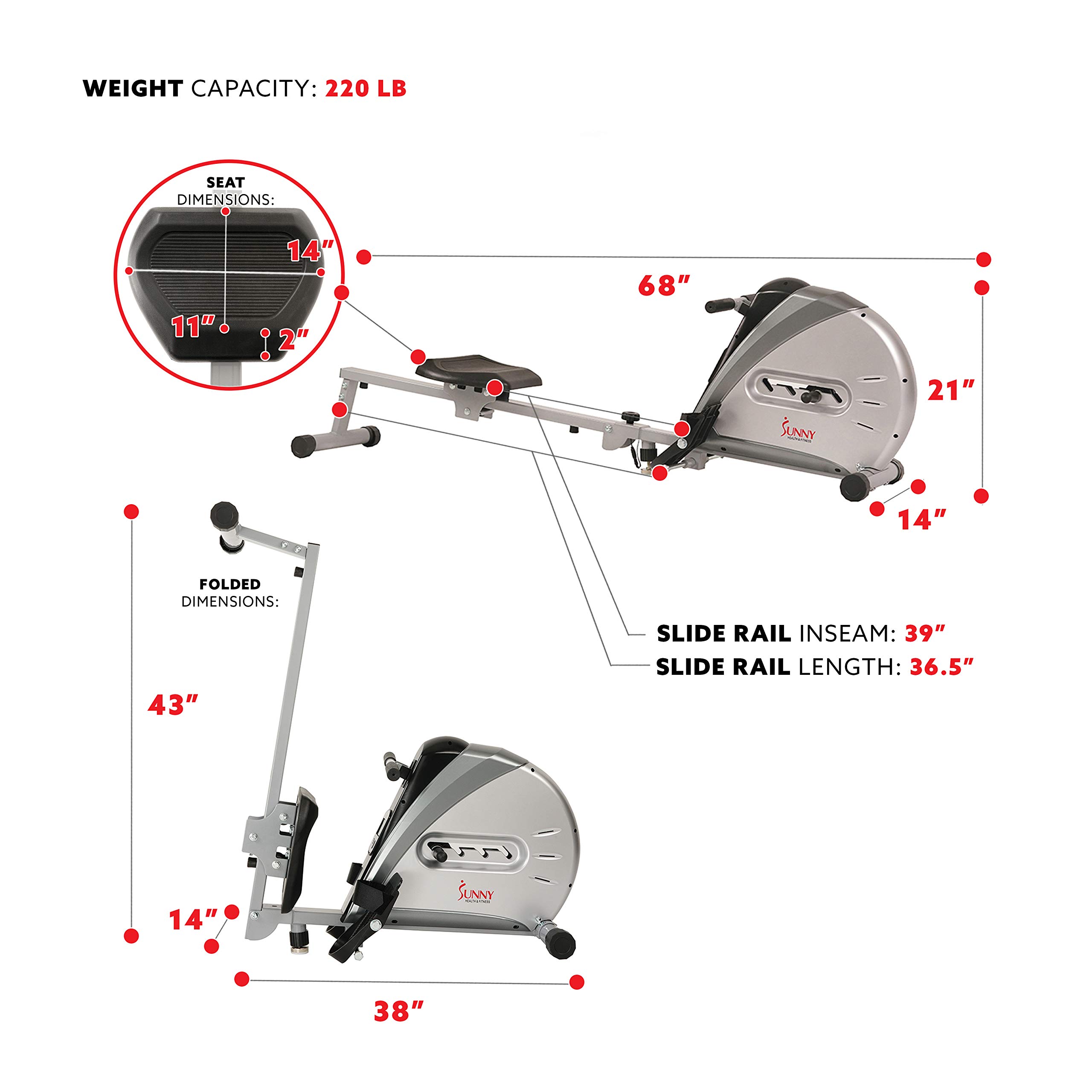 Sunny Health & Fitness Rowing Machine Rower Ergometer with Digital Monitor, Inclined Slide Rail, 220 LB Max Weight and Foldable - SF-RW5606