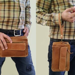 Rustic Town Leather Wristlet Wallet Handbag for Men, Cognac