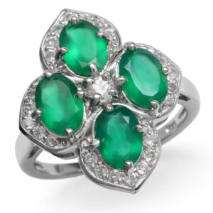 silvershake 3ct. natural emerald green agate and white topaz gold plated 925 sterling silver flower cluster ring size 9