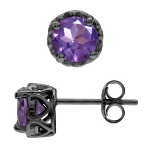 silvershake 6mm round natural amethyst black rhodium plated 925 sterling silver victorian style stud earrings