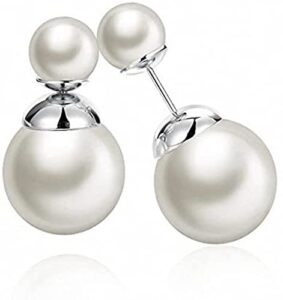 zittop double sided front back peek a boo ball faux pearl beads womens fashion elegant tribal stud earrings (silver)