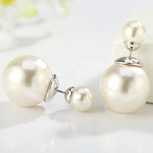 Zittop Double Sided Front Back Peek A Boo Ball Faux Pearl Beads Womens Fashion Elegant Tribal Stud Earrings (Silver)