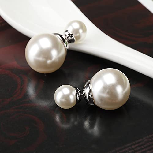 Zittop Double Sided Front Back Peek A Boo Ball Faux Pearl Beads Womens Fashion Elegant Tribal Stud Earrings (Silver)