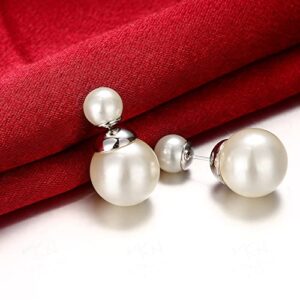 Zittop Double Sided Front Back Peek A Boo Ball Faux Pearl Beads Womens Fashion Elegant Tribal Stud Earrings (Silver)