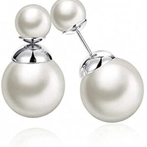 Zittop Double Sided Front Back Peek A Boo Ball Faux Pearl Beads Womens Fashion Elegant Tribal Stud Earrings (Silver)