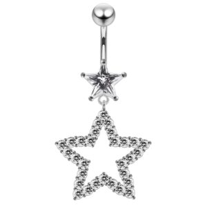 clear cz gemstone fancy star dangling 925 sterling silver with grade 23 solid titanium belly button ring