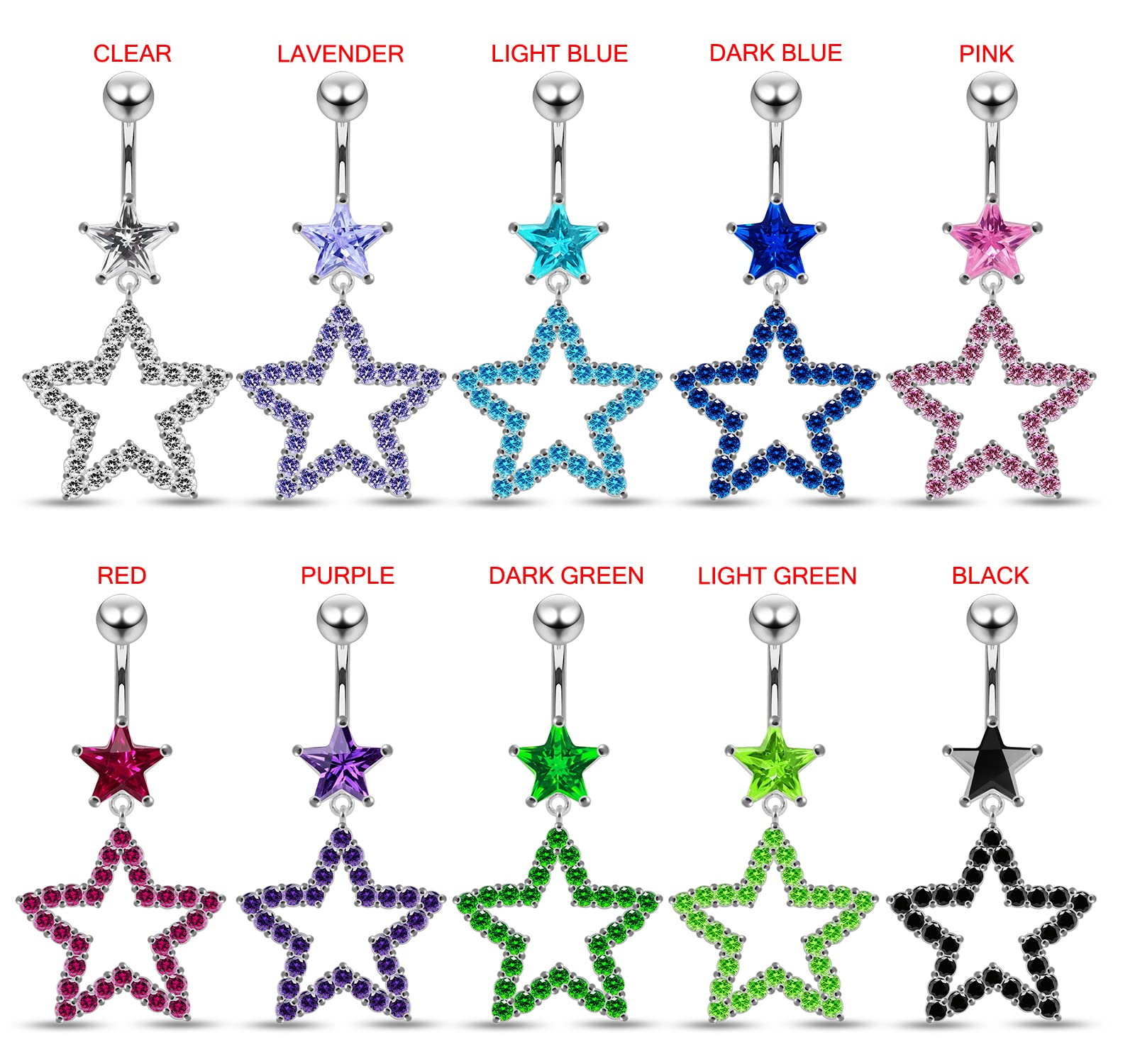 Clear CZ Gemstone Fancy Star Dangling 925 Sterling Silver with Grade 23 Solid Titanium Belly Button Ring