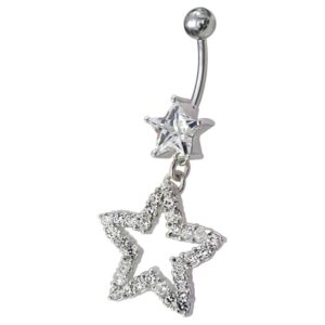 Clear CZ Gemstone Fancy Star Dangling 925 Sterling Silver with Grade 23 Solid Titanium Belly Button Ring