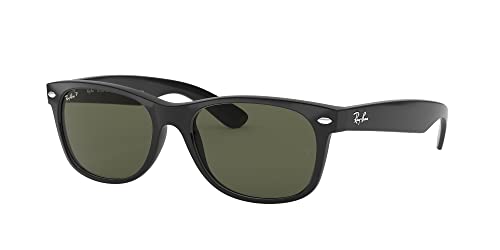 Ray-Ban RB2132F New Wayfarer Low Bridge Fit Square Sunglasses, Black/Polarized Green, 58 mm