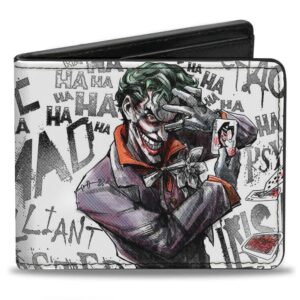 buckle-down men's pu bifold wallet-joker brilliant-twisted-insane-mad psycho pose/cards white/grays, multicolor, 4.0" x 3.5"