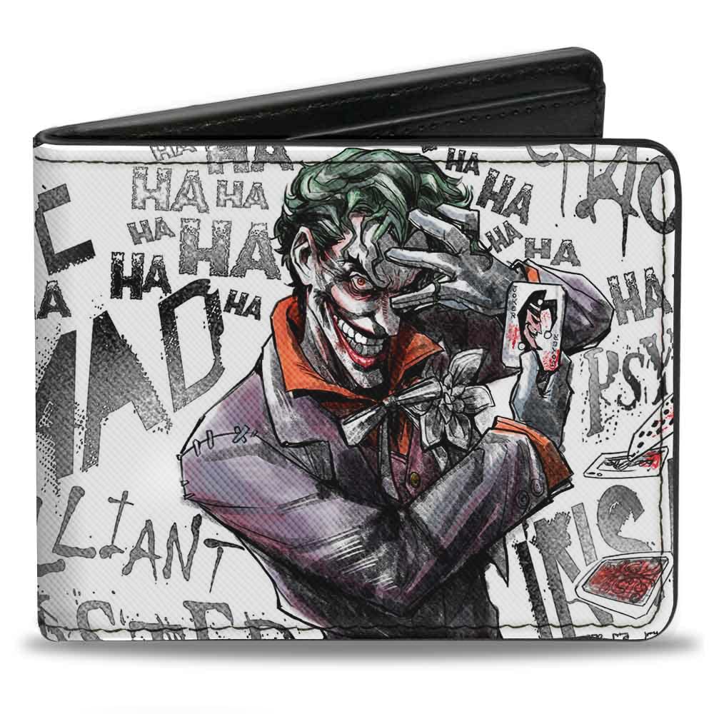 Buckle-Down Men's PU Bifold Wallet-Joker Brilliant-Twisted-Insane-MAD Psycho Pose/Cards White/Grays, Multicolor, 4.0" x 3.5"