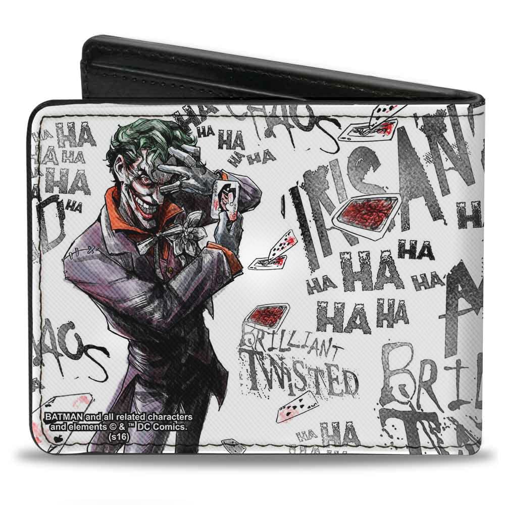 Buckle-Down Men's PU Bifold Wallet-Joker Brilliant-Twisted-Insane-MAD Psycho Pose/Cards White/Grays, Multicolor, 4.0" x 3.5"